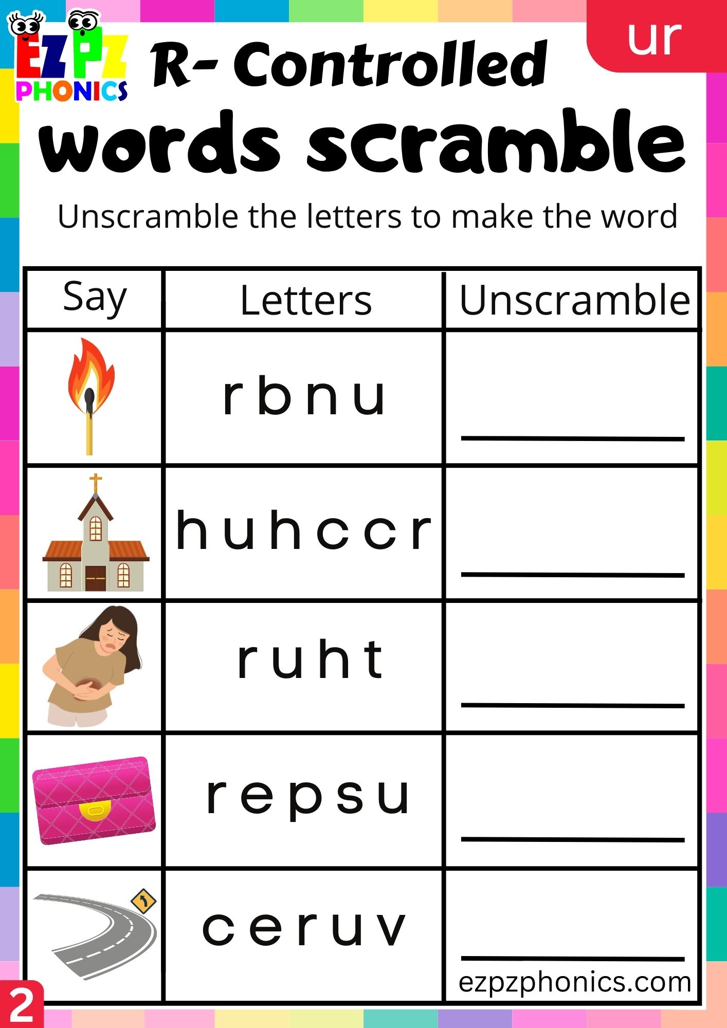 Word scramble activity for ur words R Controlled Vowels group 2 - ezpzphonics.com